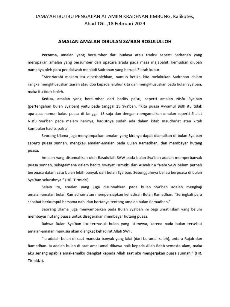 Amalan Amalan Dibulan Sa'Ban Rosululloh | PDF