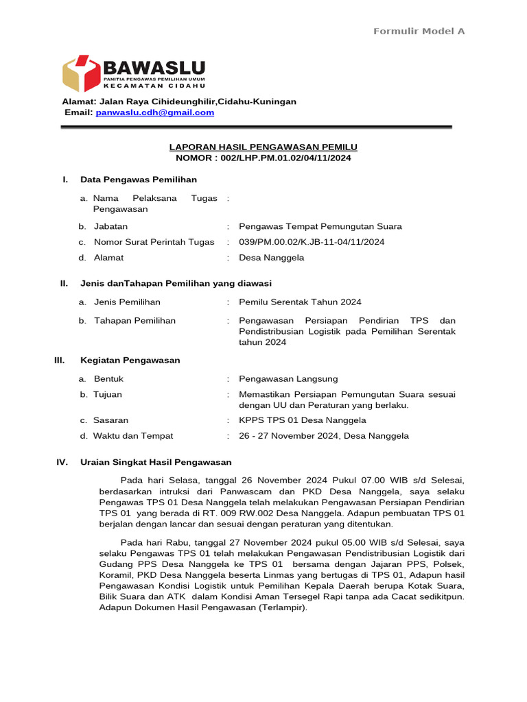 Laporan Pengawasan Pemilu 2024 TPS Nanggela | PDF