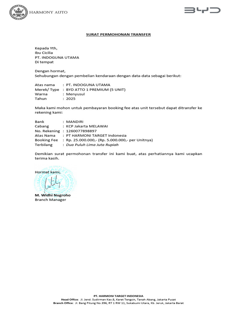 Surat Permohonan Transfer - Ibu Cicilia PT. INDOGUNA UTAMA | PDF
