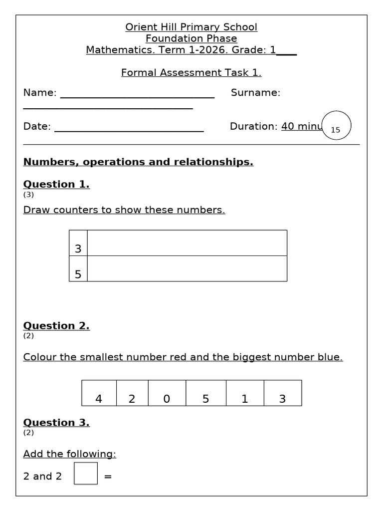 Grade 1 Mathematics Assessment 2026 | PDF | Mathematics