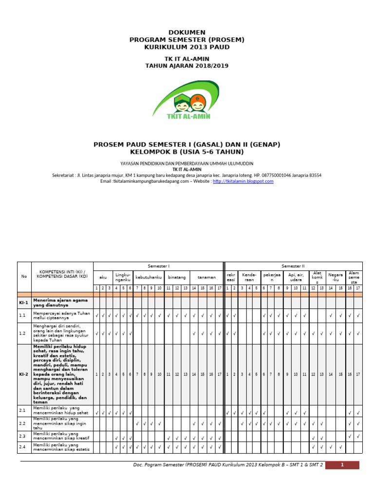 5. PROSEM PAUD KURIKULUM 2013 KLP B - SMT 1,2 - TKIT ALAMIN | PDF