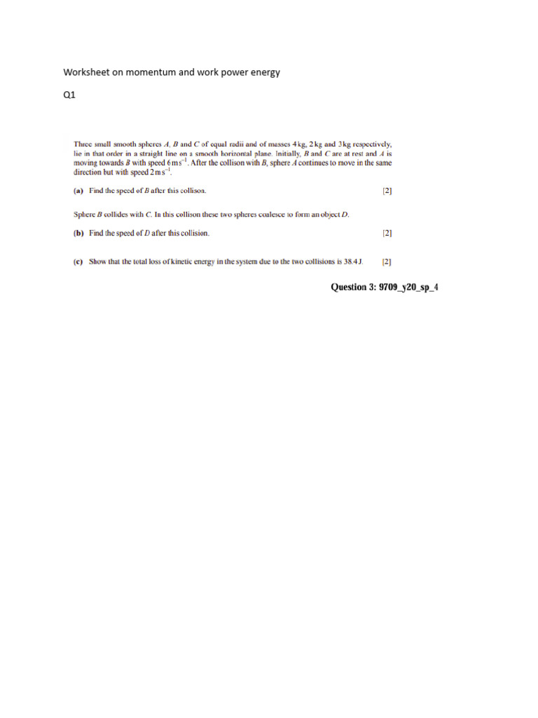 Worksheet On Momentum and Work Power Energy | PDF
