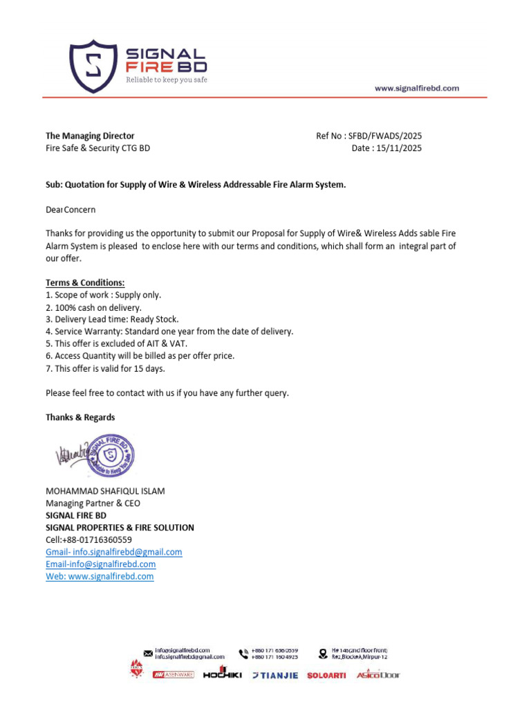 Quotation for Fire Alarm System Supply | PDF
