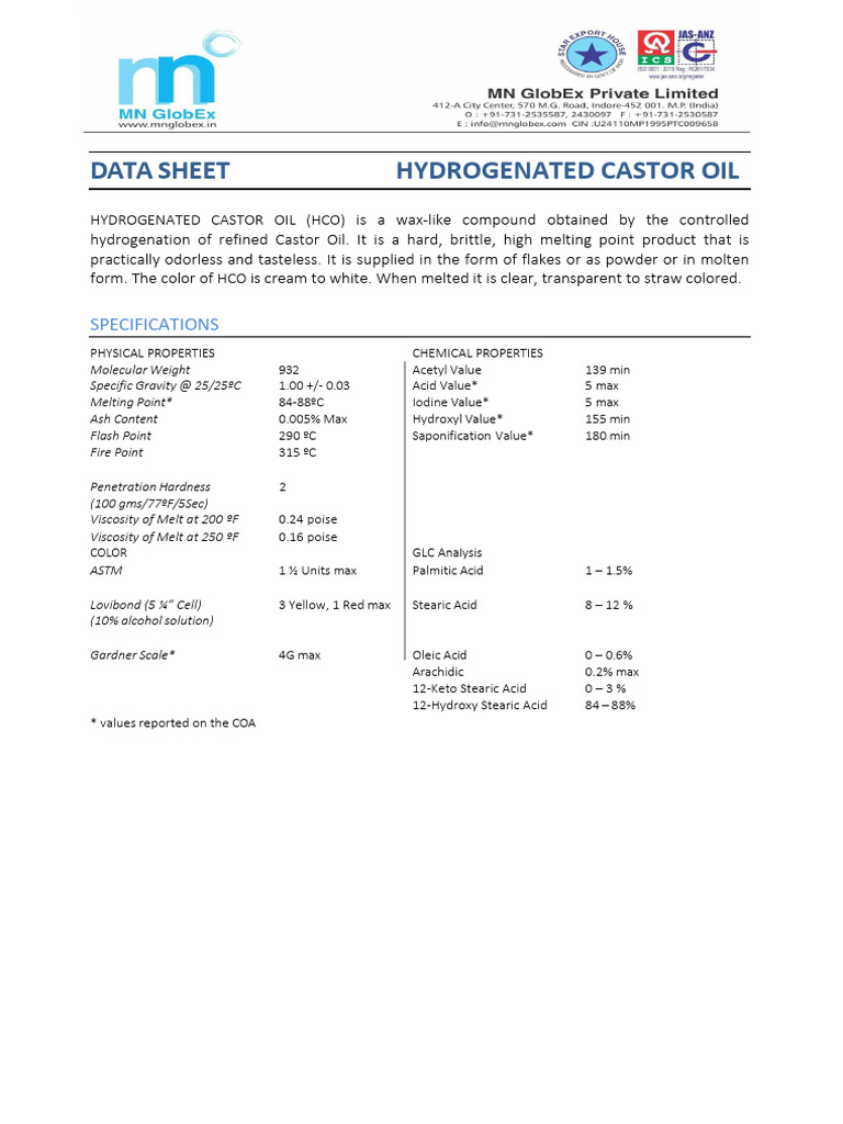 Hydrogenated Castor Oil Data Sheet | PDF | Wax | Adhesive
