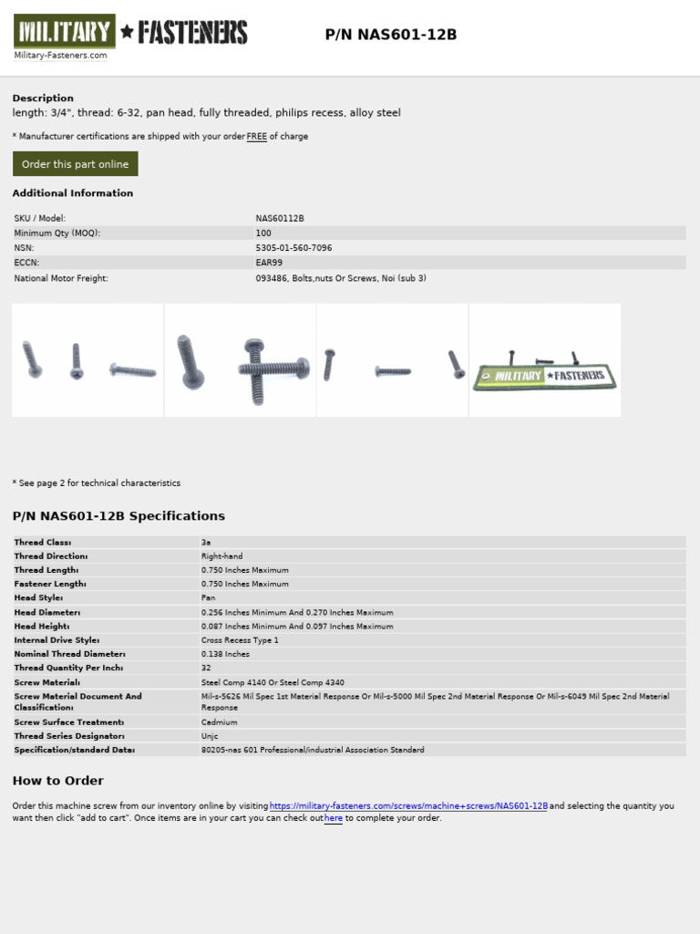 NAS601-12B Machine Screw Specifications | PDF
