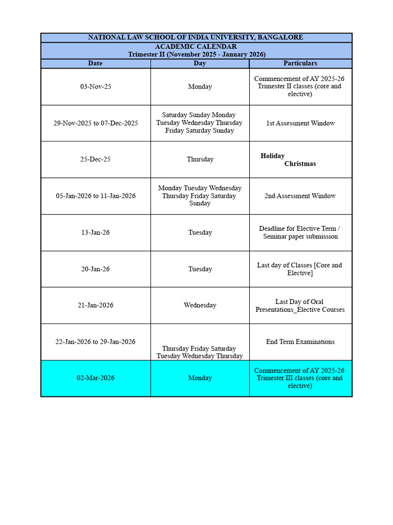 NLSIU Trimester II Academic Calendar 2025 | PDF