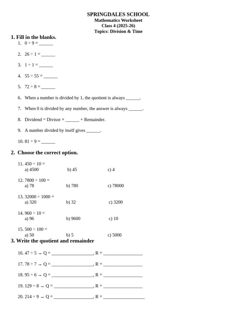 Maths Worksheet Class 4 ( Time and Division) | PDF | Division ...