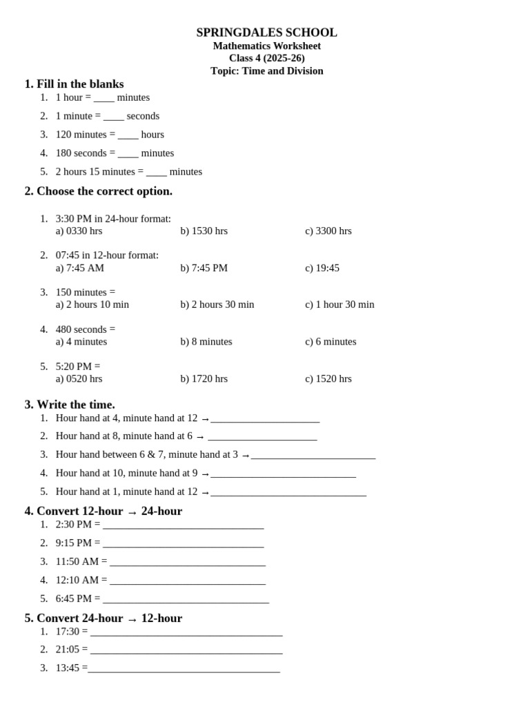 Class 4 Time and Division Worksheet | PDF | Chess | Chess Theory