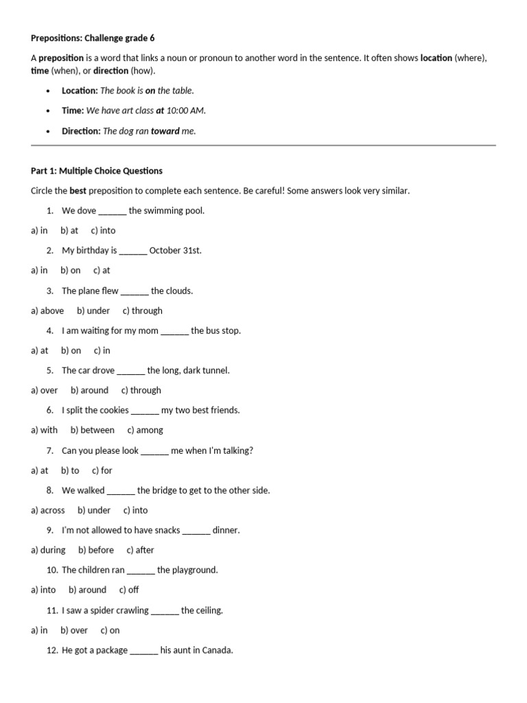 Grade 6 Preposition Challenge Quiz | PDF | Grammar | Linguistic Morphology