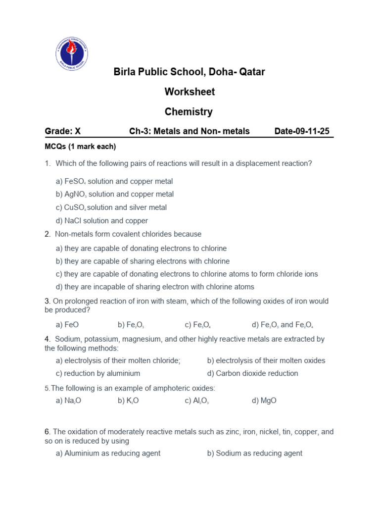 Chemistry Worksheet: Metals & Non-Metals | PDF | Metals | Oxide