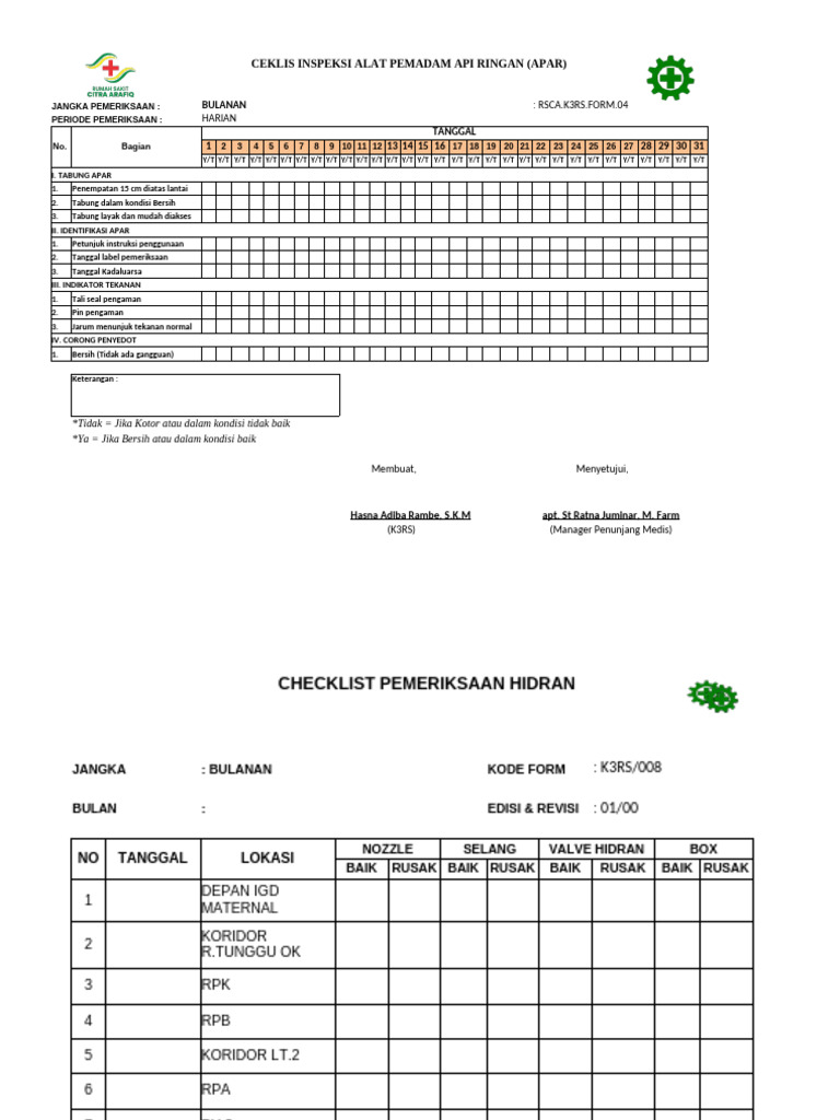 Ceklis Bulanan Pemeliharaan APAR dan Hidran | PDF