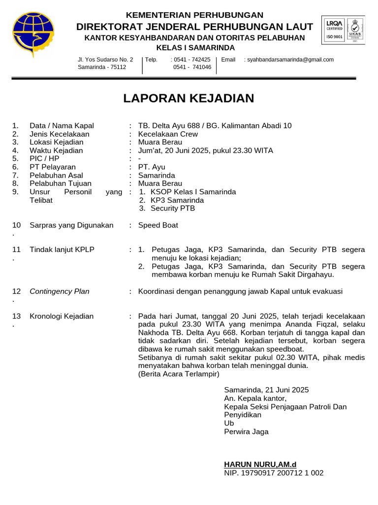 Kecelakaan Kapal di Muara Berau 2025 | PDF