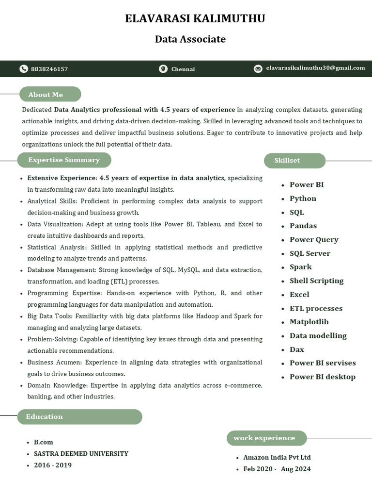 Elavarasi kalimuthu CV | PDF | Data | Microsoft Sql Server