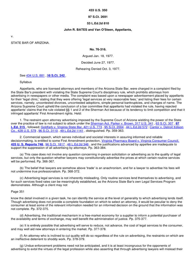 Arizona Bar Advertising Case Summary | PDF | Overbreadth Doctrine