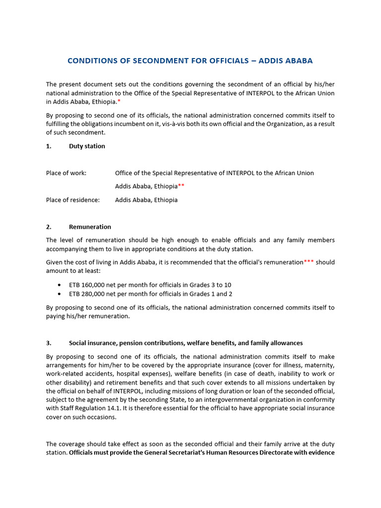 Conditions of Secondment for Officials - Addis Ababa 2022 | PDF | Cost Of Living | Treaty