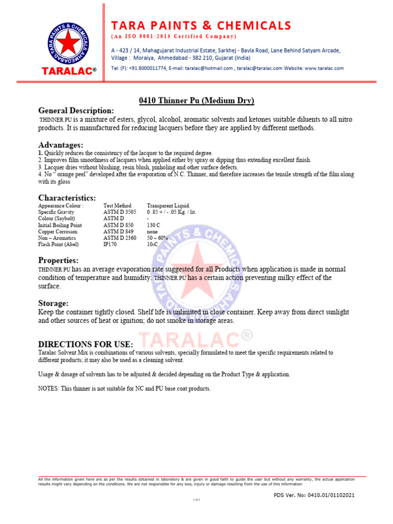 Taralac THINNER PU Product Overview | PDF | Solvent | Materials