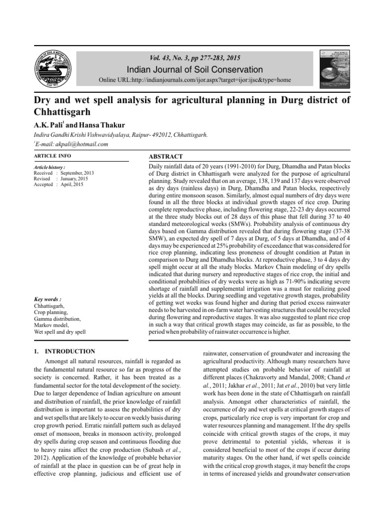 Dry and Wet Spell Analysis For Agricultural Planning in Durg District ...