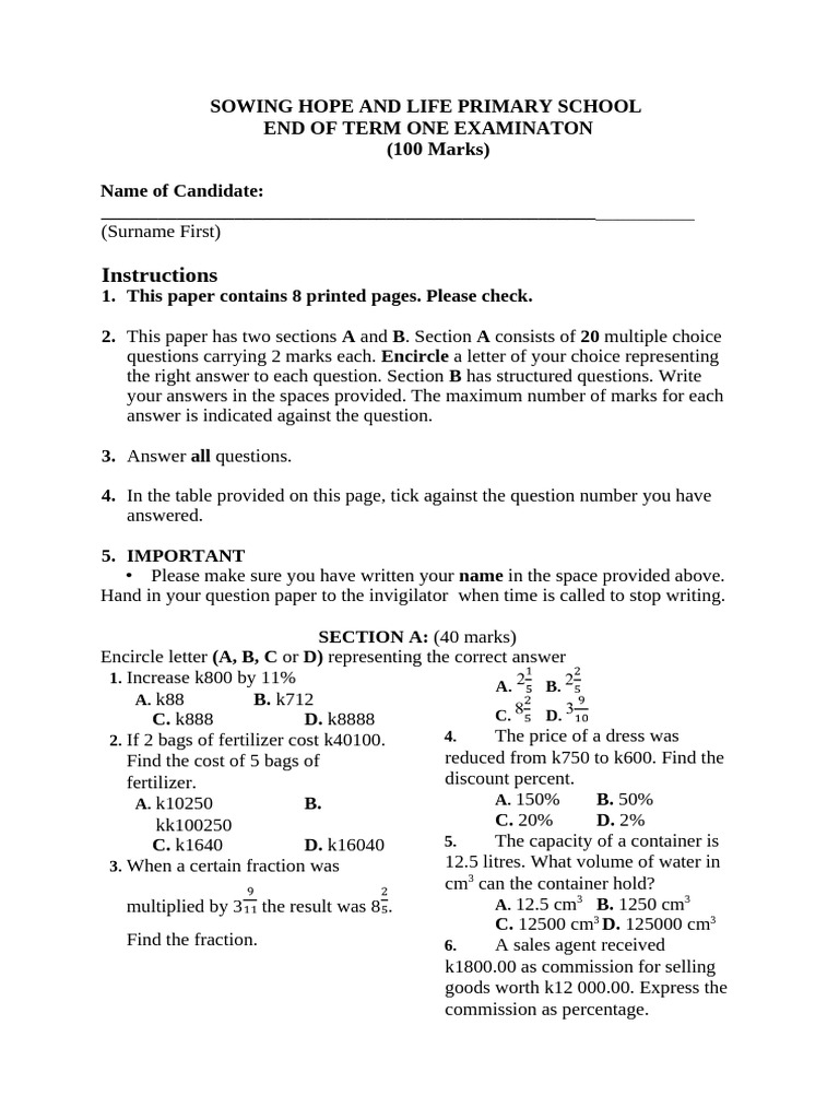 Primary School End of Term Exam Paper | PDF | Value Added Tax
