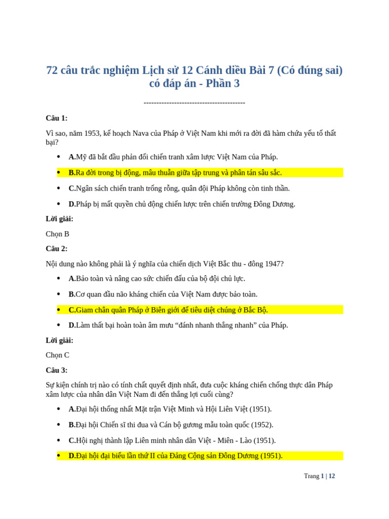 72 Cau Trac Nghiem Lich Su 12 Canh Dieu Bai 7 Co Dung Sai Co Dap An ...