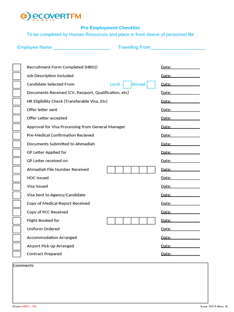 Pre Employment Checklist Template | PDF
