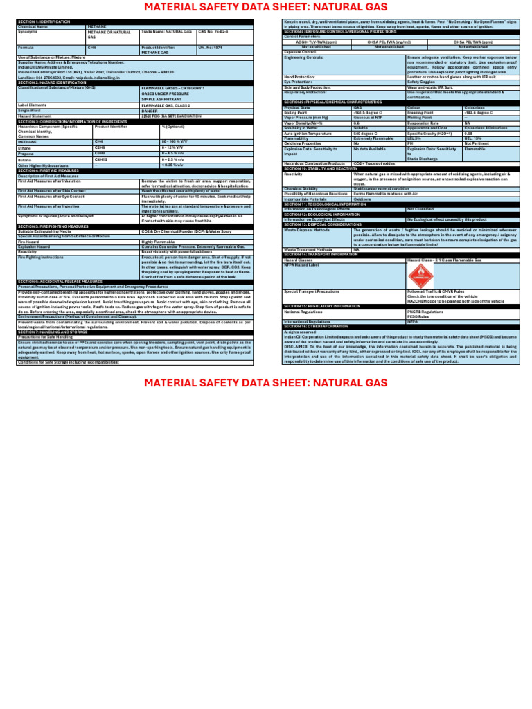MSDS Natural Gas - A3 Size | PDF | Propane | Chemistry