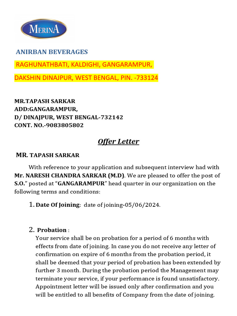 Job Offer Letter for Tapash Sarkar | PDF