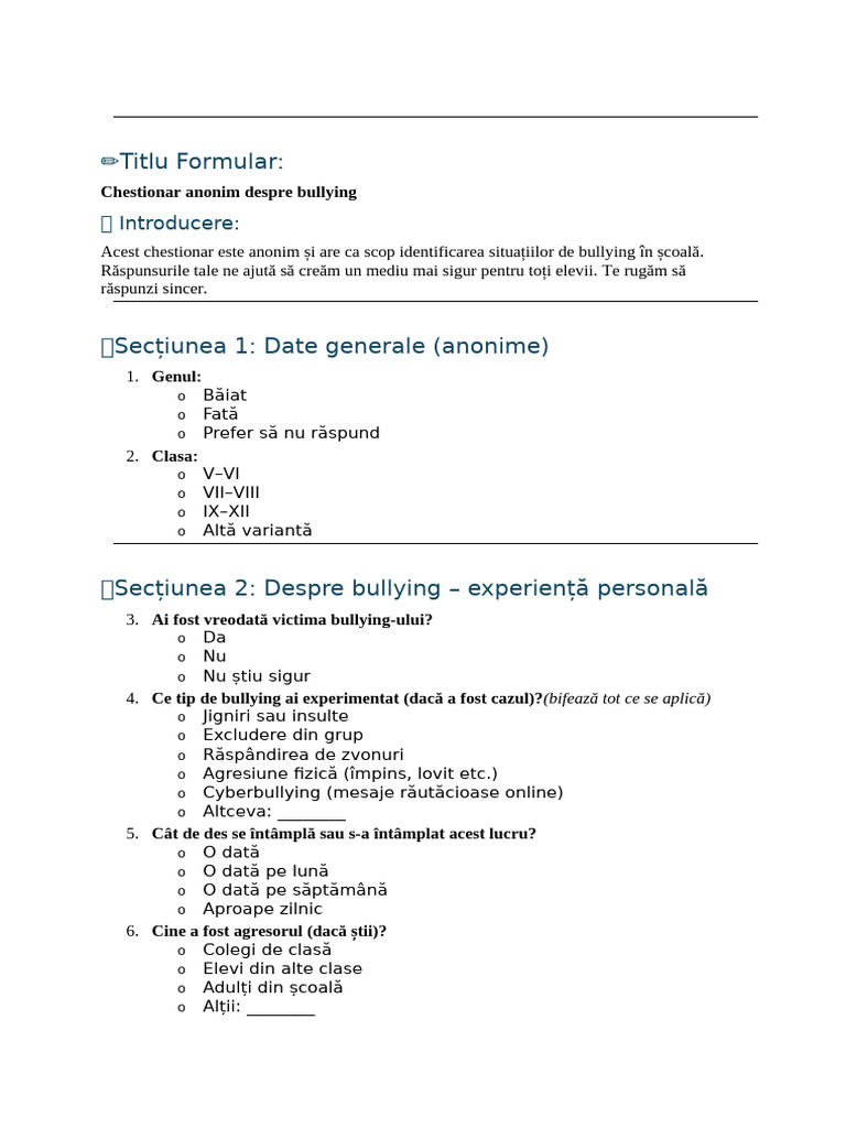 Chestionar Google Forms Bullying | PDF