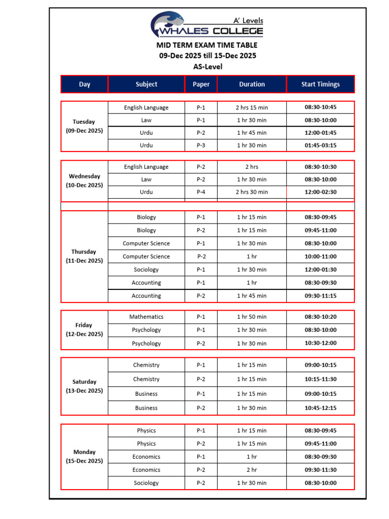 Midterm Exam Time Table As Level 25-26 | PDF