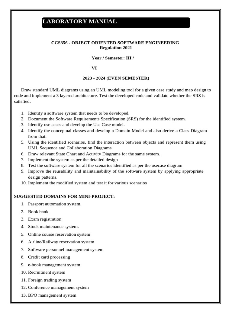 Ccs356 - Object Oriented Software Engineering Laboratory Manual | PDF | Use Case | Unified ...