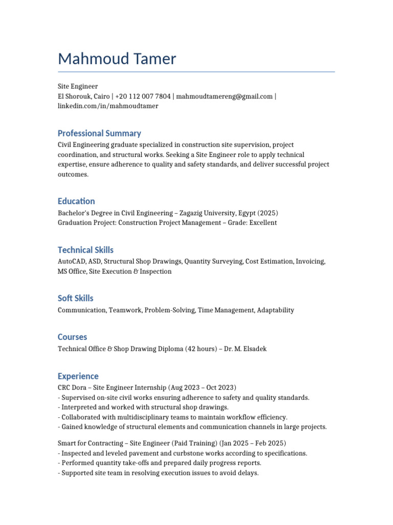Mahmoud Tamer - Site Engineer | PDF