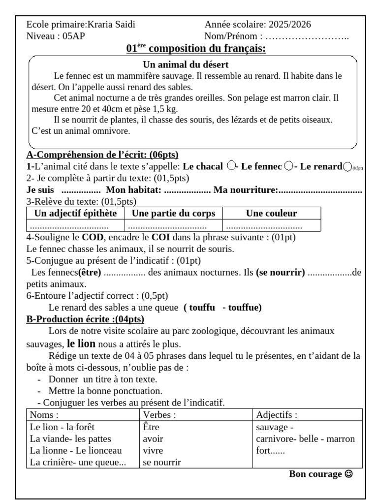 Composition de français 5AP : Le fennec | PDF | Lion | Zoologie
