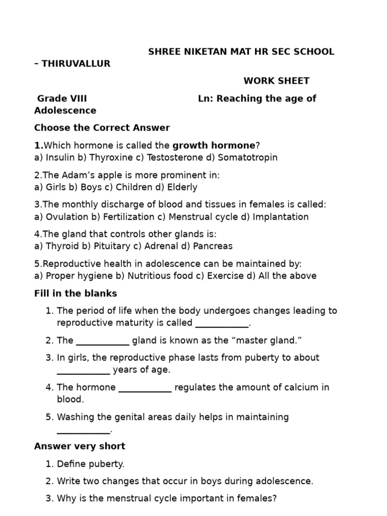 Sci II Work Sheet - Reaching The Age of Adolescence | PDF | Endocrine ...