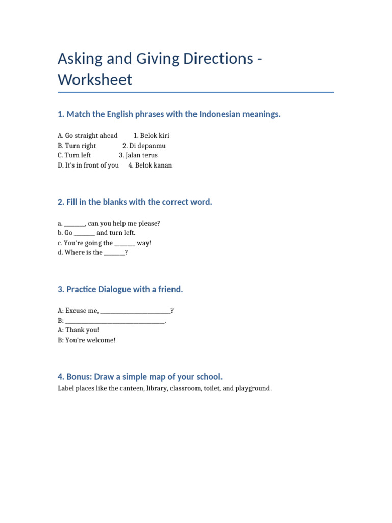 Directions Practice Worksheet | PDF