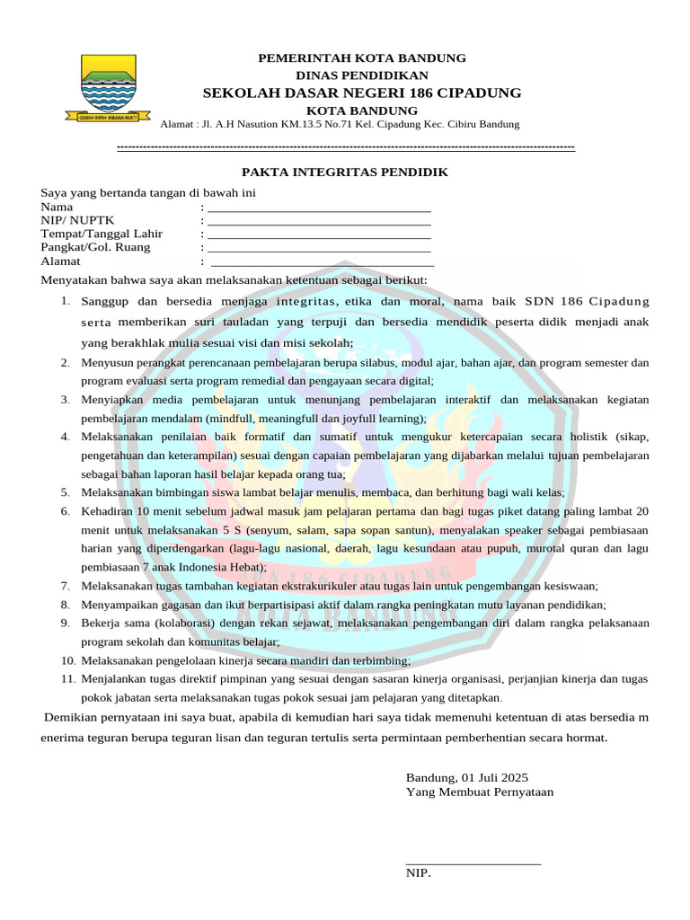 Pakta Integritas Tenaga Pendidikan SDN 186 | PDF