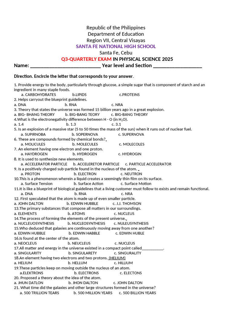 q3 - Quarterly Exam in Physical Science - 2024-2025.Docx-1-A(1).Docx-duplicate | PDF | Chemical ...