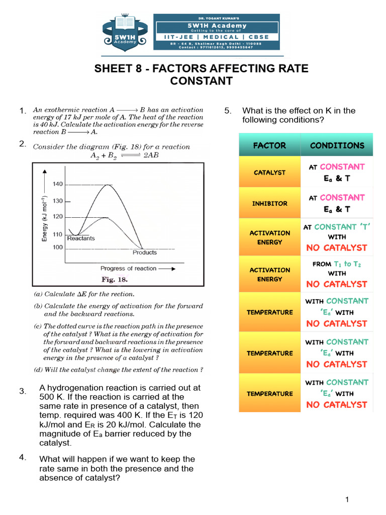 Sheet 8 - Factors Affecting Rate Constant | PDF