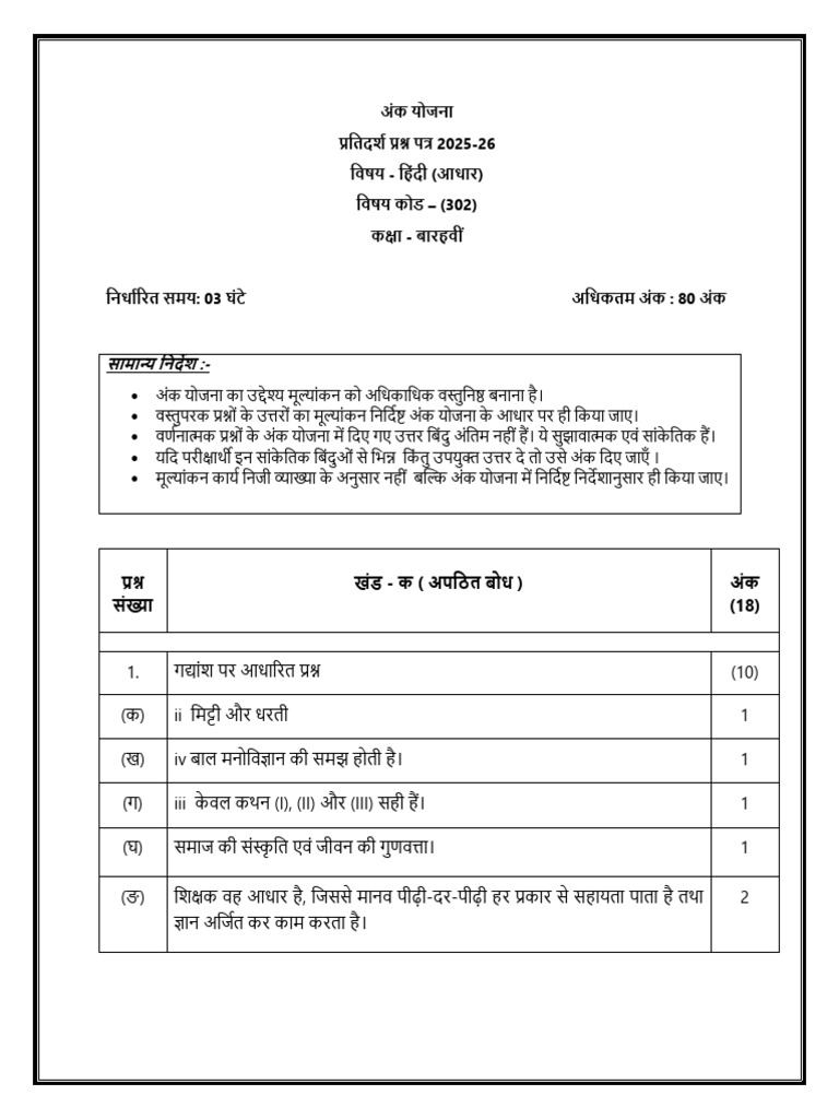 Hindi sample paper | PDF