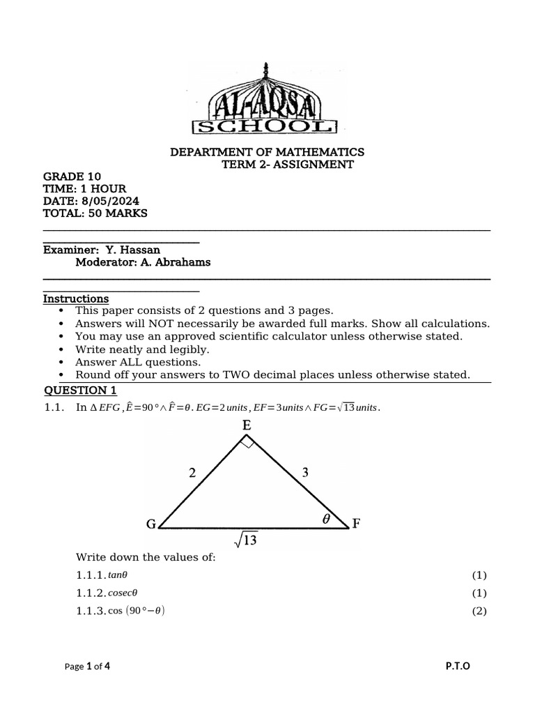 Grade 10 Term 2 Assignment - 072531 | PDF | Mathematics