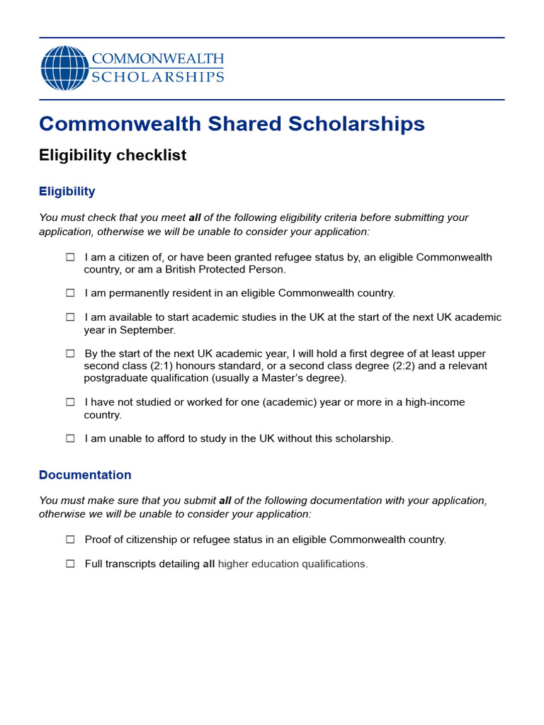 Commonwealth Shared Scholarships Eligibility Guide | PDF
