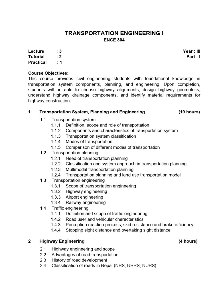 Transportation Engineering Course Overview | PDF | Road | Transport
