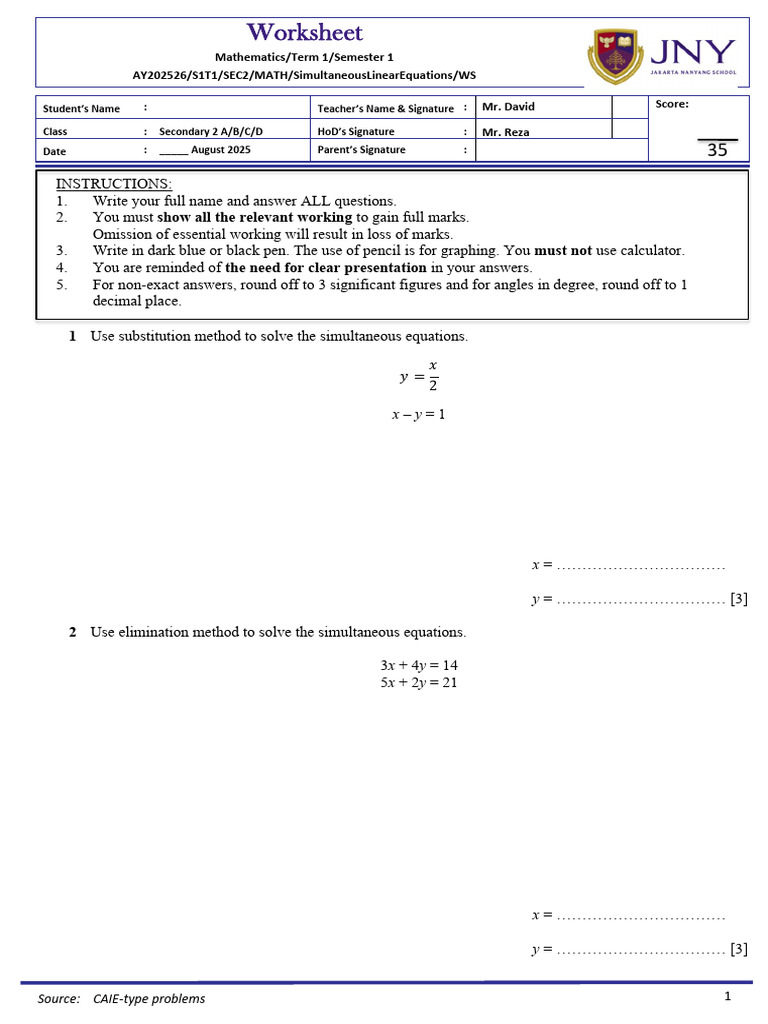 Simultaneous Linear Equations Worksheet | PDF | Equations | Mathematics