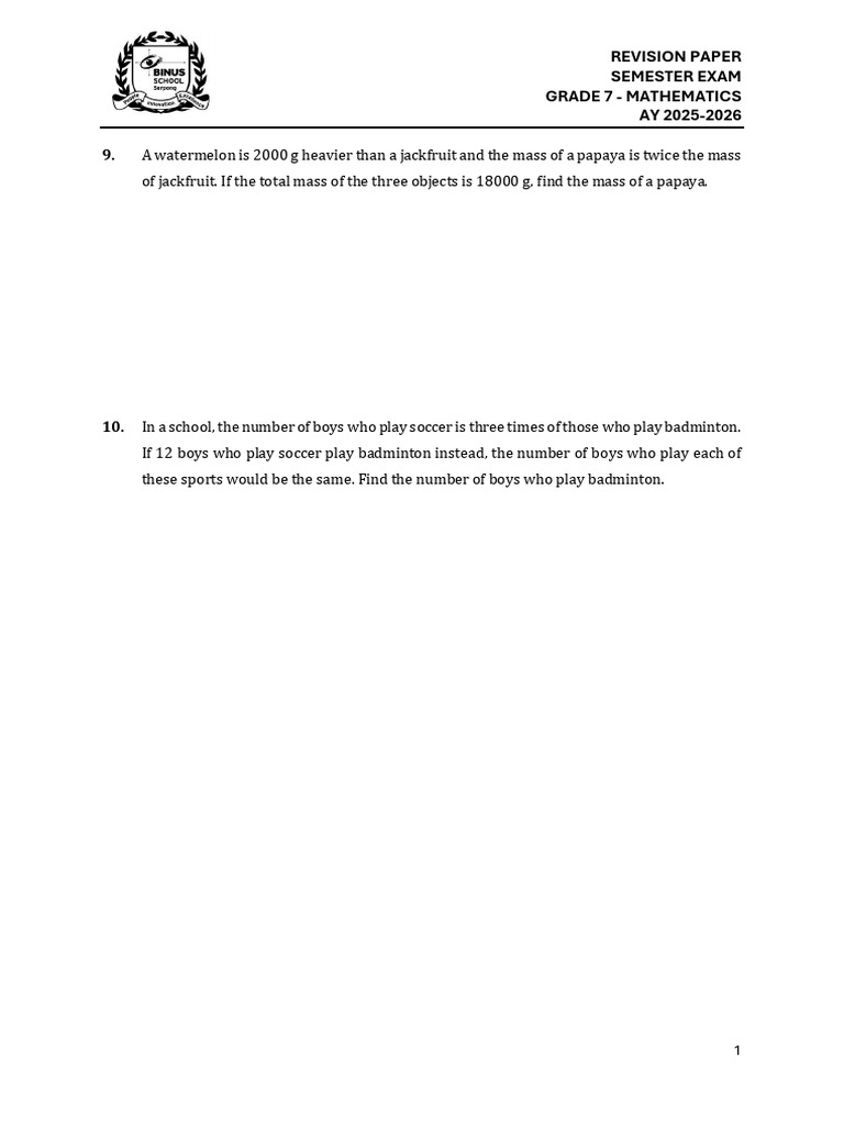 Grade 7 Mathematics Revision Exam 2025-2026 | PDF | Mathematical ...