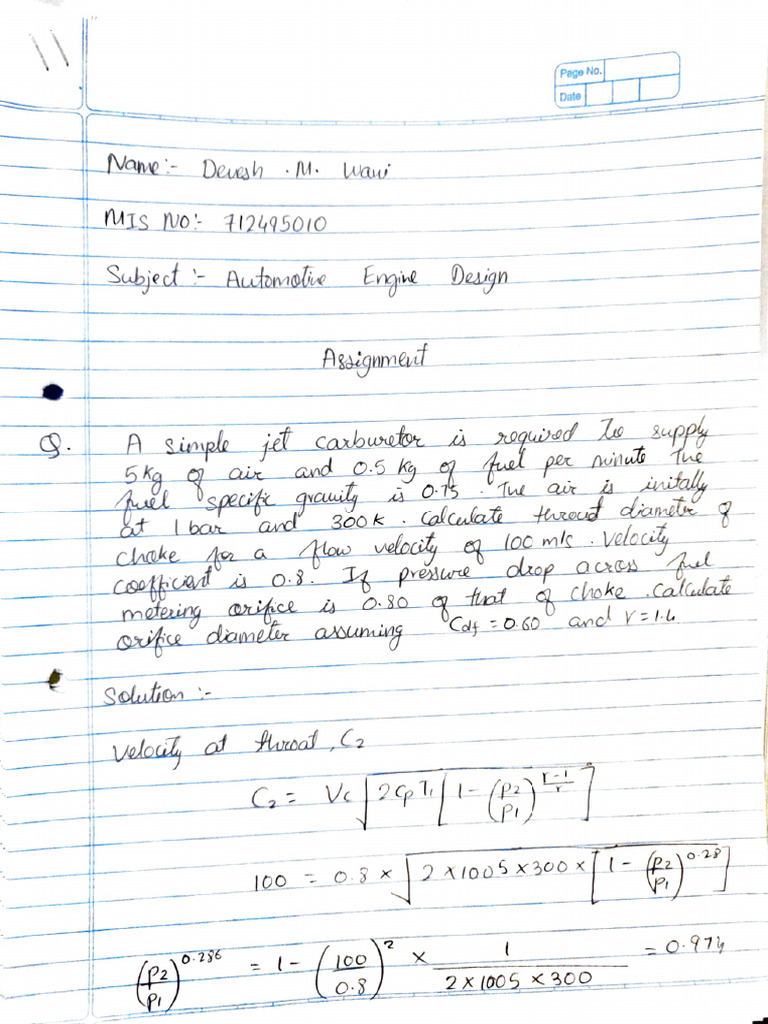 Carburetor Design Calculations Guide | PDF