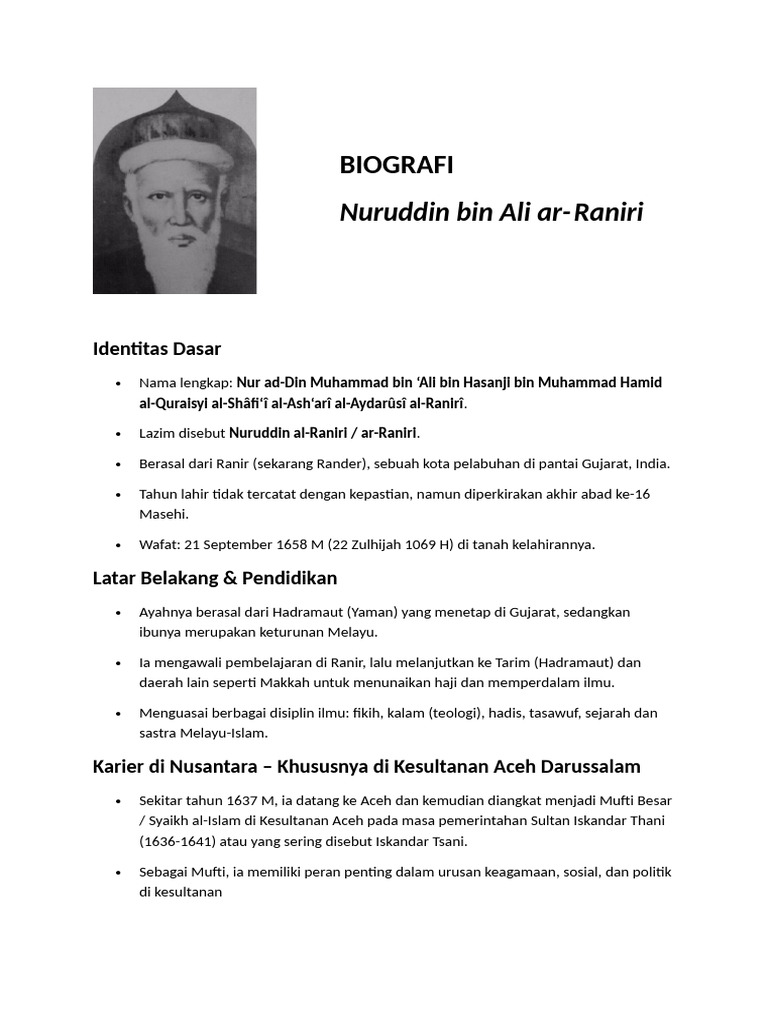 Biografi Nuruddin al-Raniri: Ulama Aceh | PDF