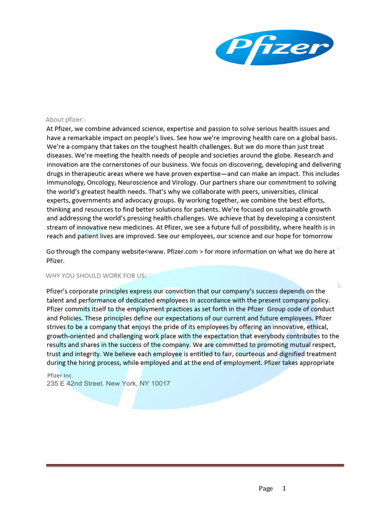 Welcome to Pfizer | PDF | Pfizer | Employment