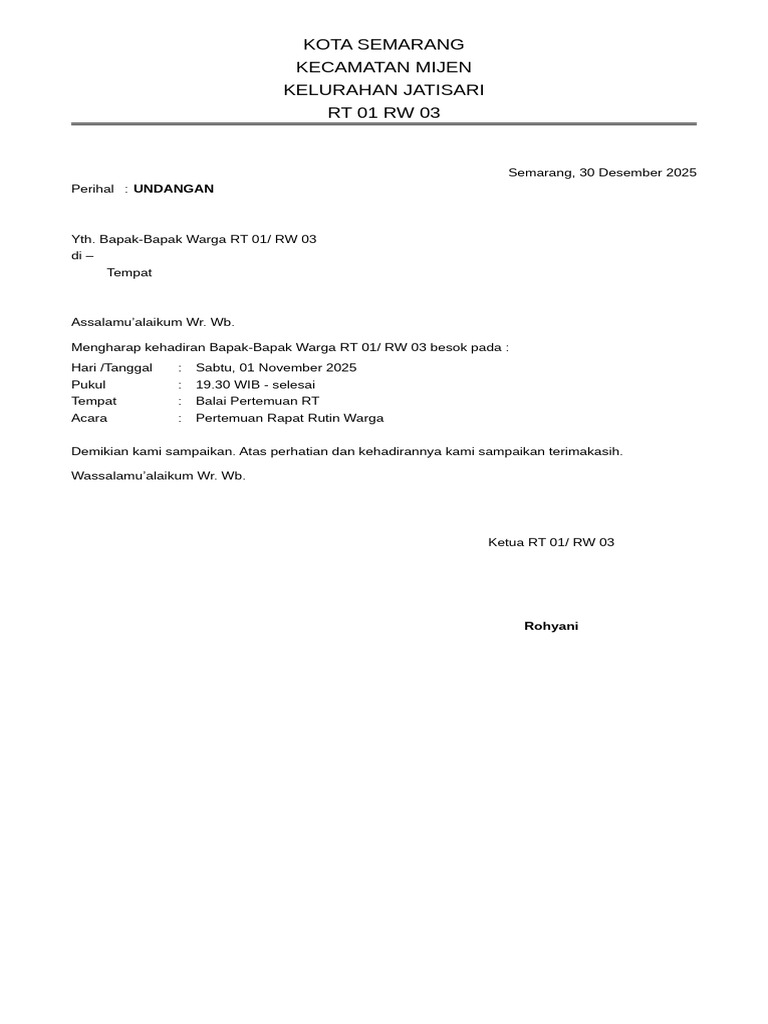 Undangan Rt 01 Rw 03 Jatisari Oktober | PDF