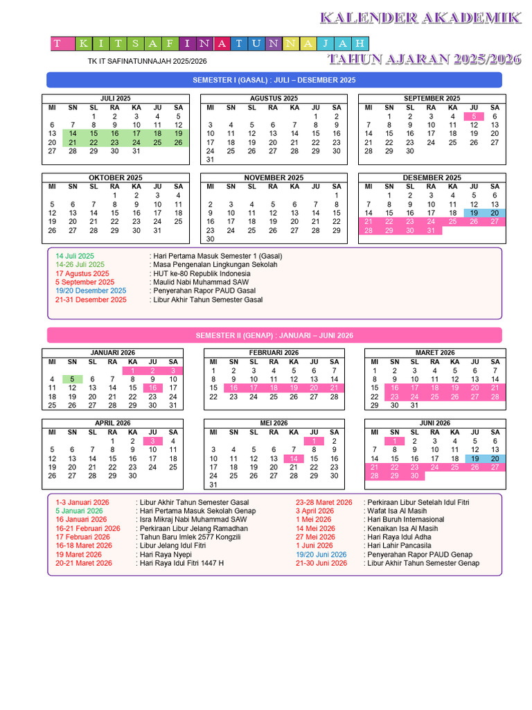 Kalender Akademik TK IT Safinatunnajah 2025/2026 | PDF