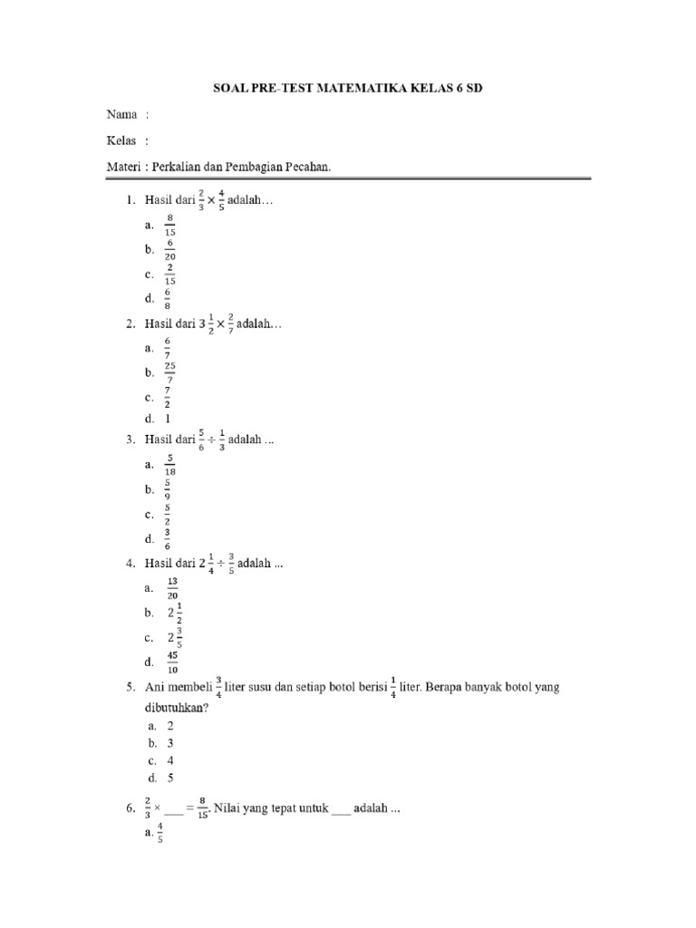Soal Pre-Test Matematika Kelas 6 SD | PDF