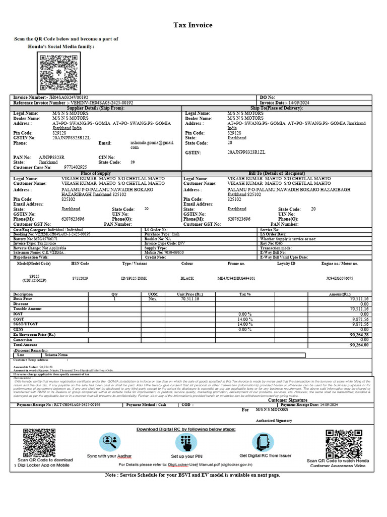 Tax Invoice for Vehicle Purchase | PDF | Invoice | Taxes