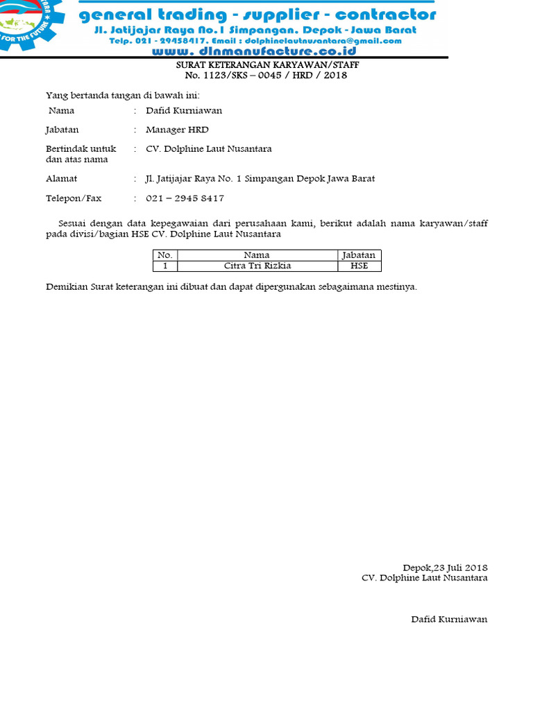 Surat Keterangan Karyawan HSE CV Dolphine | PDF | Quality Management ...